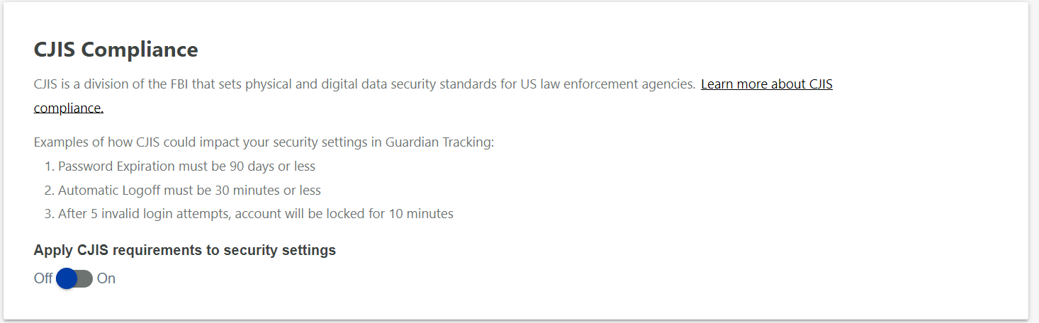 CJIS Compliance in Guardian Tracking version 5